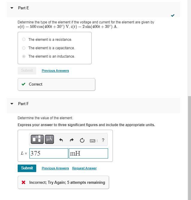 Solved Determine the type of the element if the voltage and | Chegg.com
