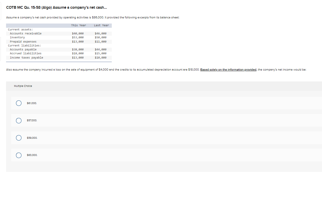 Solved COTB MC Qu. 15-58 (Algo) Assume a company's net | Chegg.com