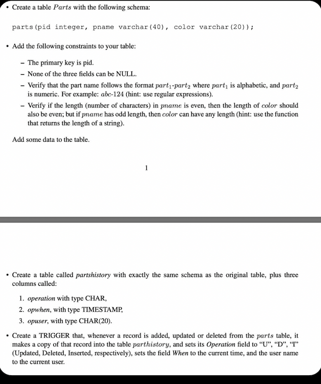 Create a table Parts with the following schema: parts | Chegg.com