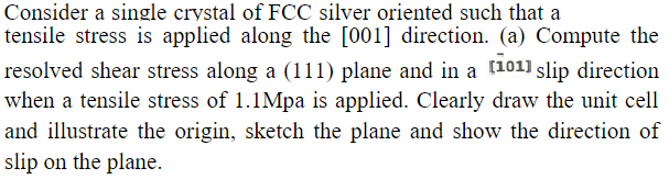 Solved Consider a single crystal of FCC silver oriented such | Chegg.com