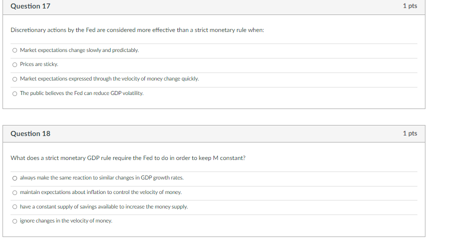 Solved Question 17 1 pts Discretionary actions by the Fed | Chegg.com