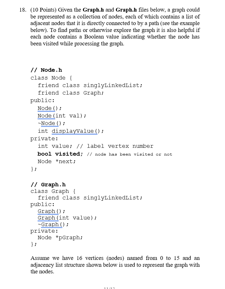 Solved 18. (10 Points) Given the Graph.h and Graph.h files | Chegg.com