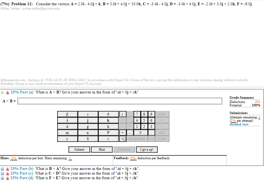 Solved (7\%) Problem 12: Consider the vectors | Chegg.com