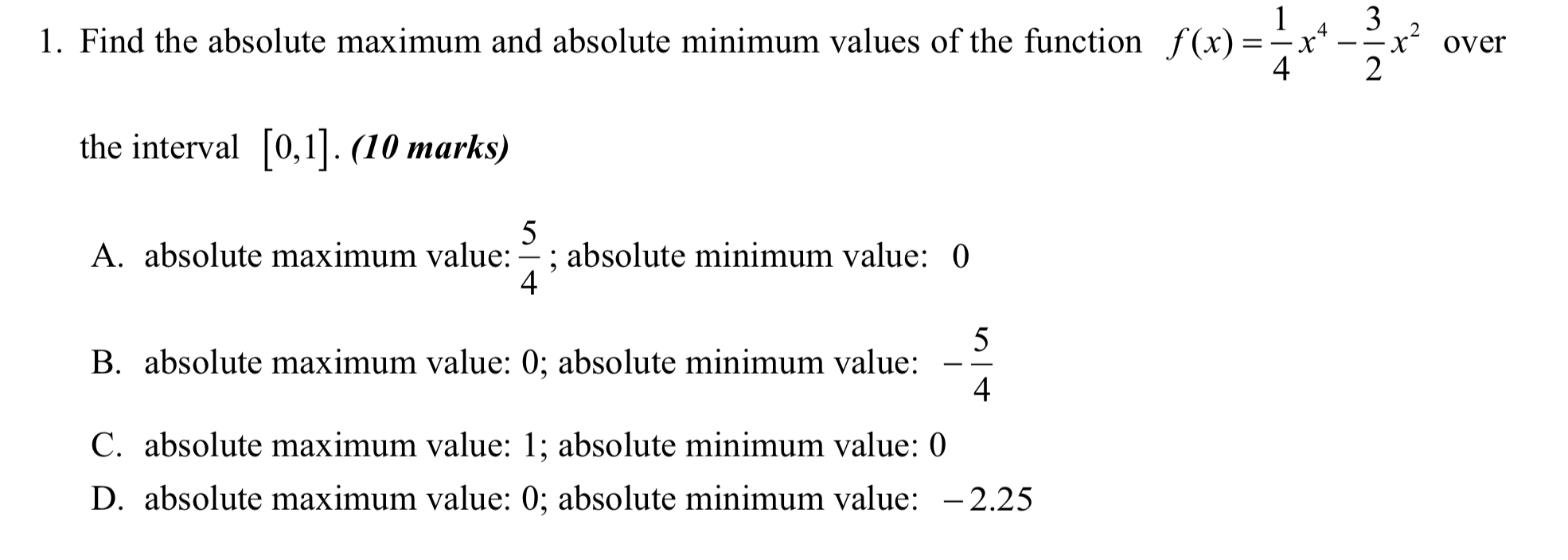 Solved 1. Find the absolute maximum and absolute minimum | Chegg.com