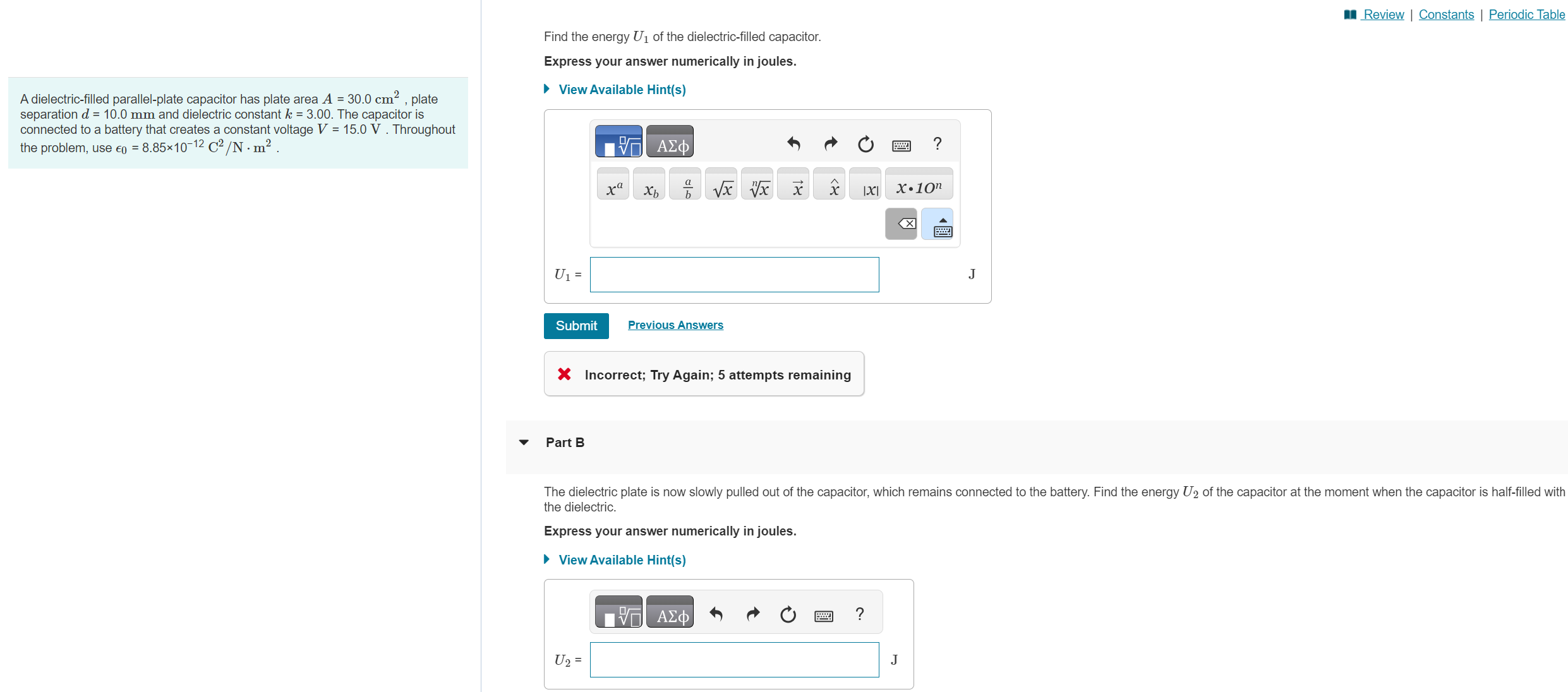Solved Find the energy U1 of the dielectric-filled | Chegg.com