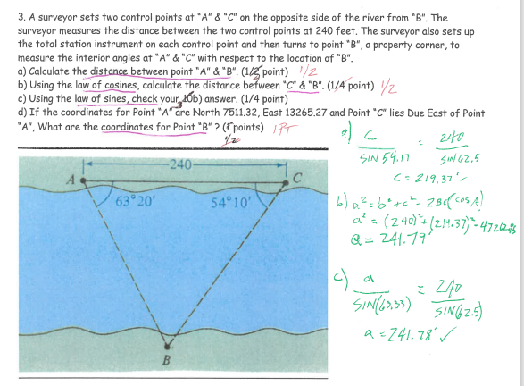 Solved 3. A surveyor sets two control points at " A " \& " C | Chegg.com