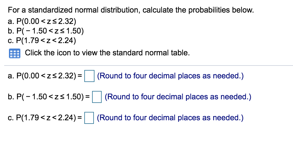 Solved For a standardized normal distribution, calculate the | Chegg.com