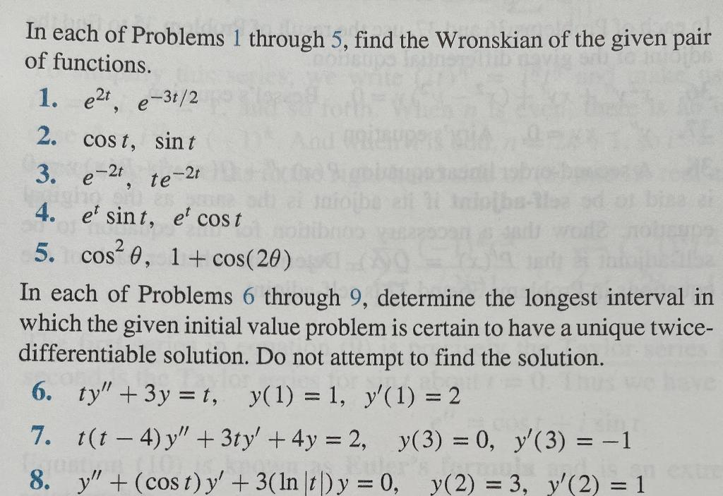 Solved In Each Of Problems 1 Through 5 Find The Wronskian 