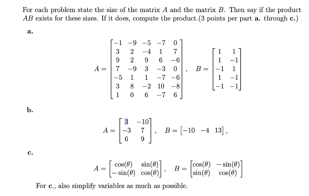 Solved For each problem state the size of the matrix A and | Chegg.com
