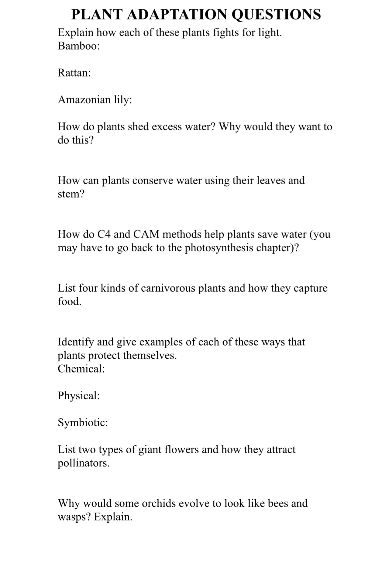 Solved PLANT ADAPTATION QUESTIONSExplain how each of these | Chegg.com
