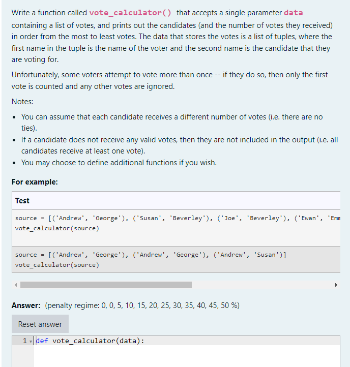 Solved Write a function called vote_calculator() that | Chegg.com