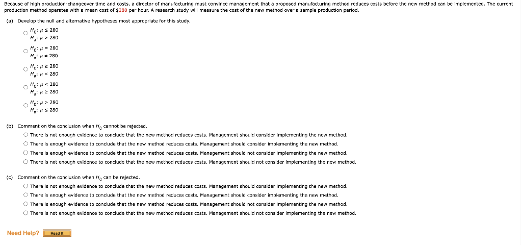Solved production method operates with a mean cost of $280 | Chegg.com