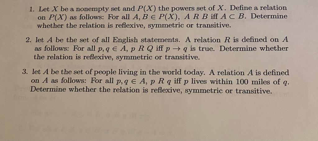 Solved 1. Let X be a nonempty set and P(X) the powers set of | Chegg.com