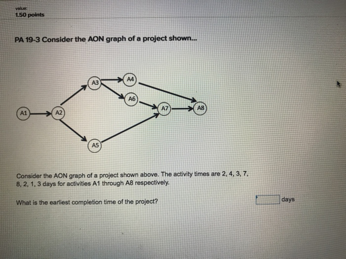 Solved value: 1.50 points PA 19-3 Consider the AON graph of | Chegg.com Solved value: 1.50 points PA 19-3 Consider the AON graph of | Chegg.com