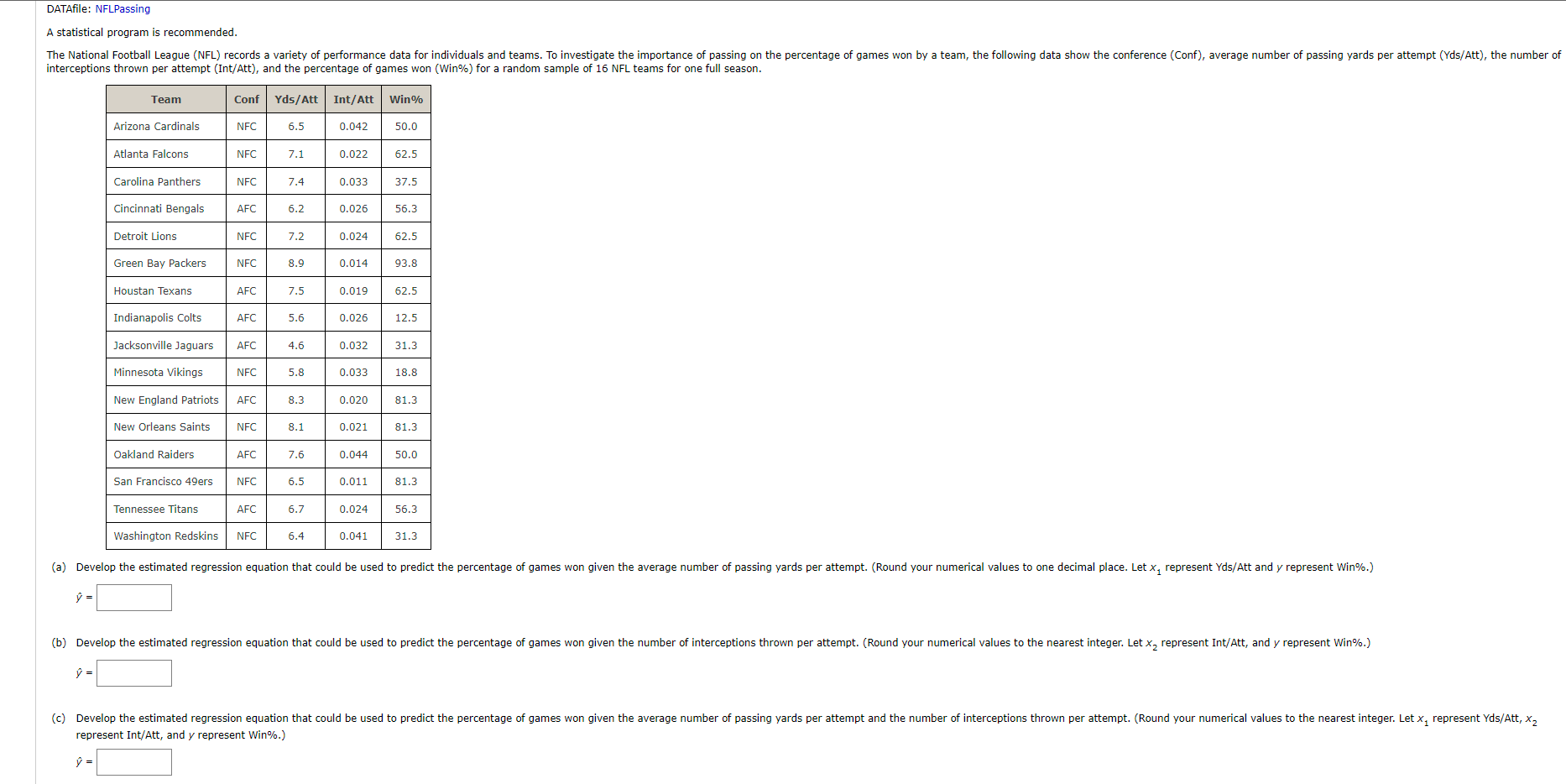 Solved DATAfile: NFLPassing A statistical program is | Chegg.com