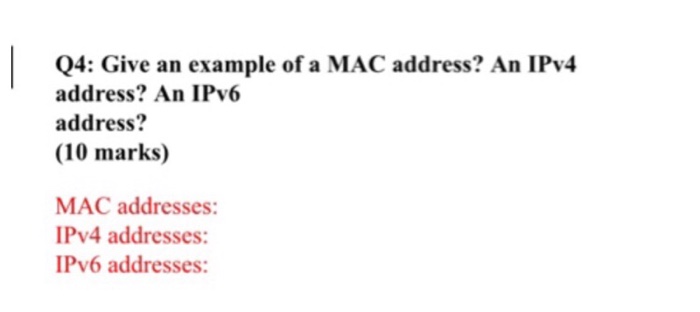 Solved Q4: Give an example of a MAC address? An IPv4 address | Chegg.com