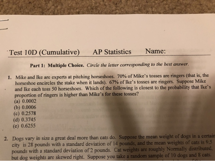 Solved Test 10D (Cumulative) AP Statistics Name: Part 1: | Chegg.com