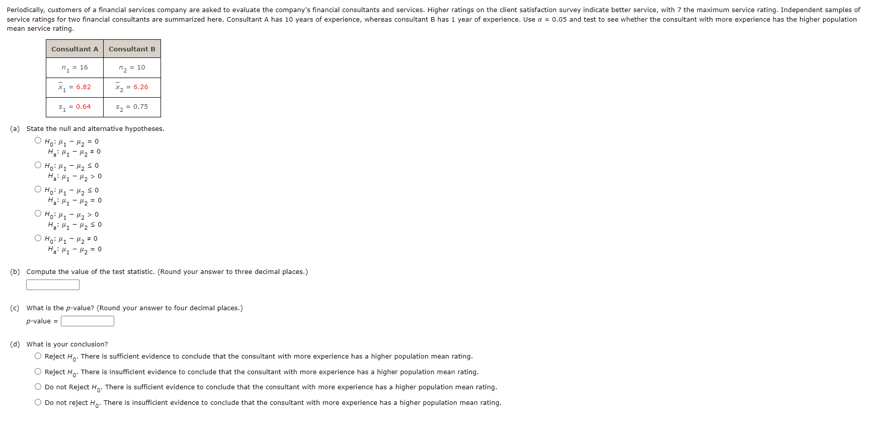 Solved mean service rating. (a) State the null and | Chegg.com