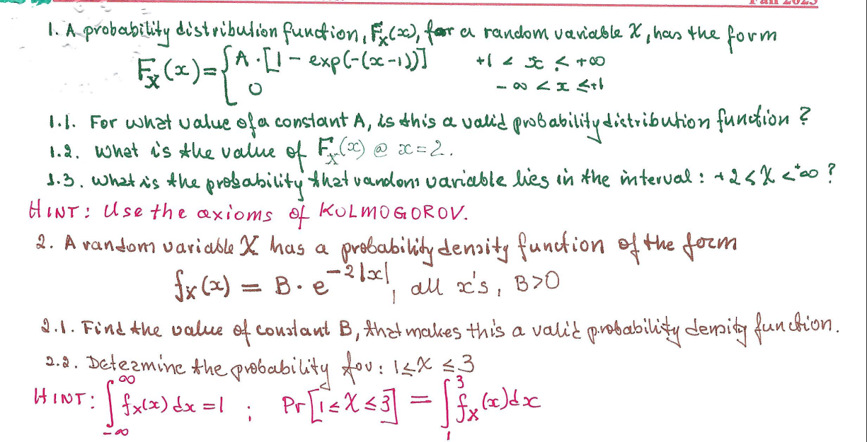 Solved 1. A probability distribution function, FX(x), for a | Chegg.com