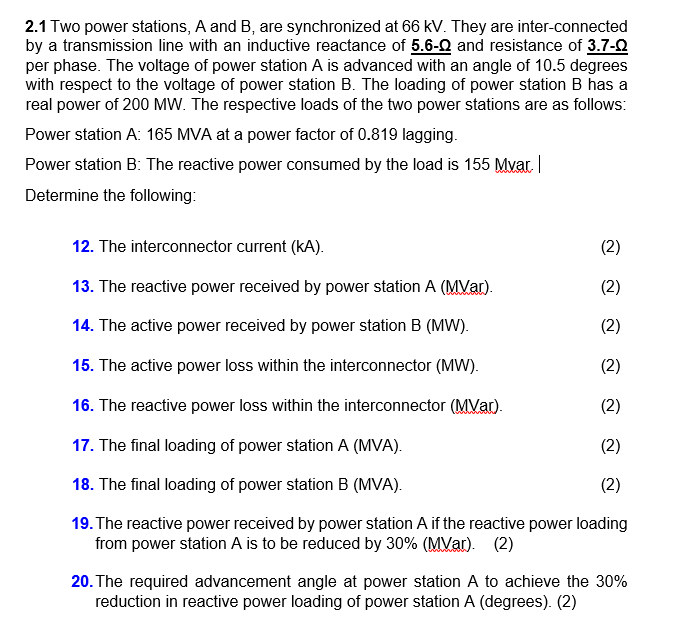 Solved 2.1 Two power stations, A and B, are synchronized at | Chegg.com