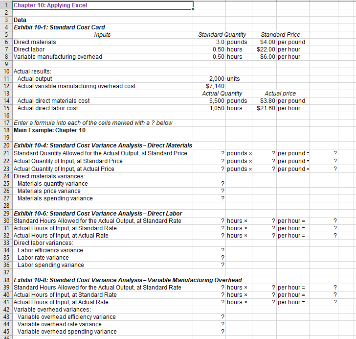 Solved 1 Chapter 10: Applying Excel 3 Data 4 Exhibit 10-1: | Chegg.com