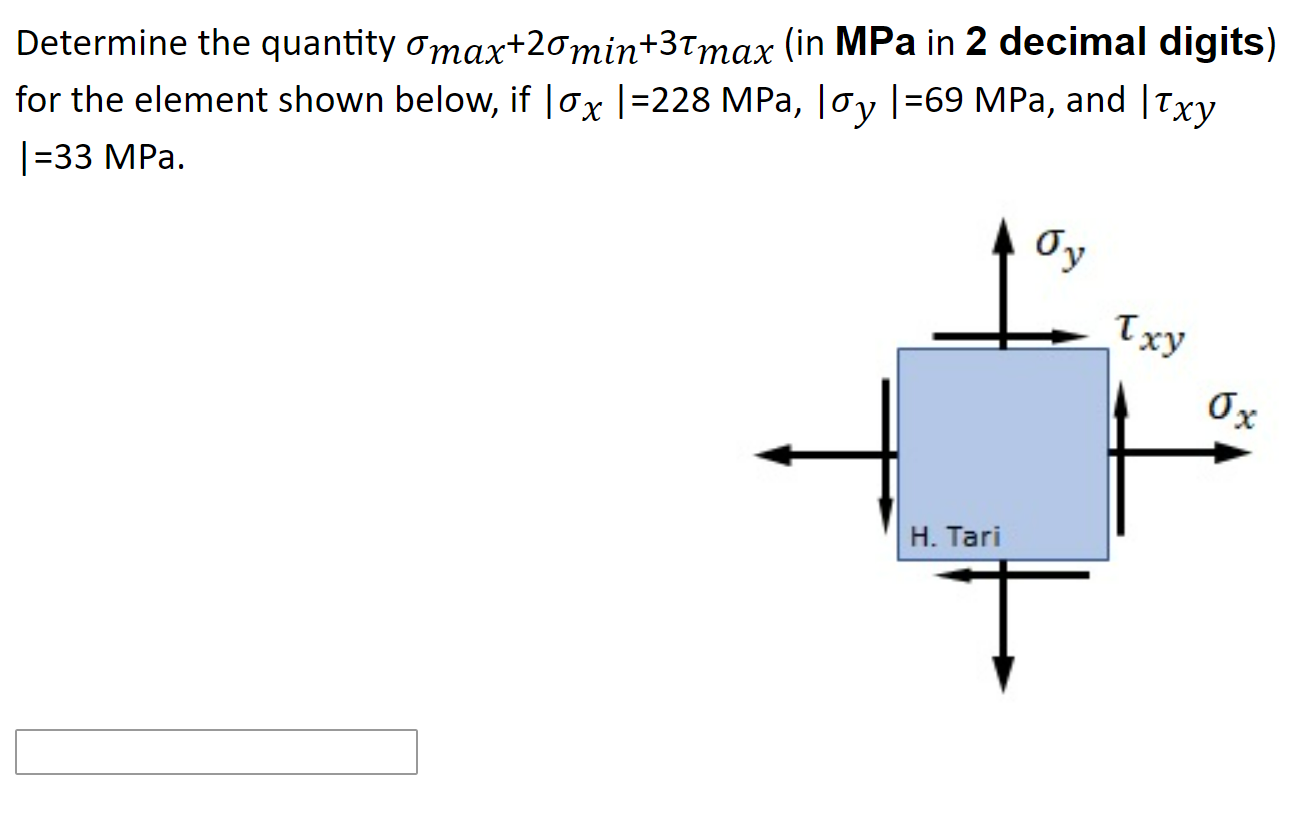 Solved Determine the quantity σmax+2σmin+3τmax (in MPa in 2 | Chegg.com