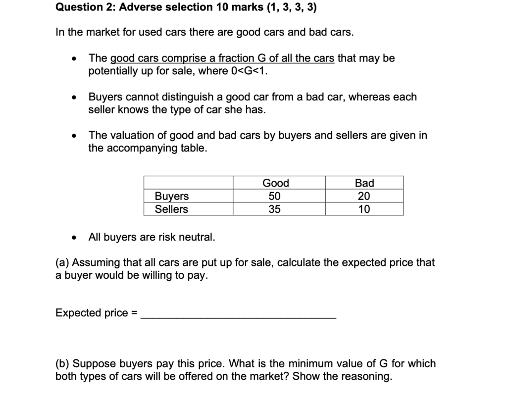 Solved Question 2: Adverse selection 10 marks (1, 3, 3, 3) | Chegg.com