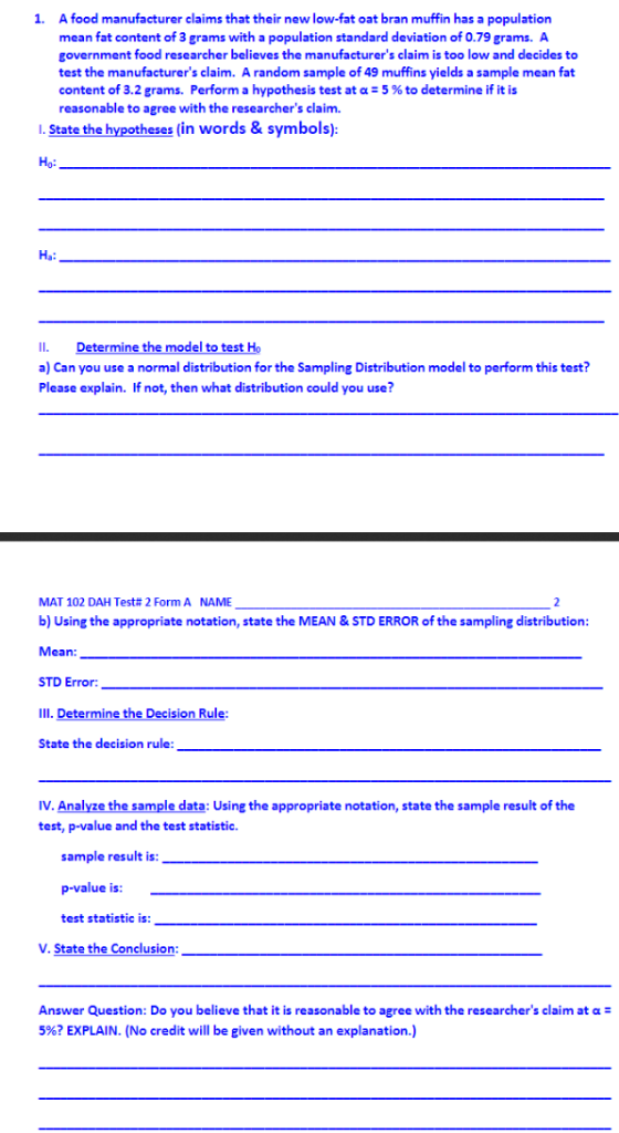 Solved A food manufacturer claims that their new low-fat oat | Chegg.com