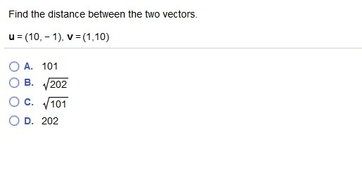Solved Find the distance between the two vectors. u= | Chegg.com