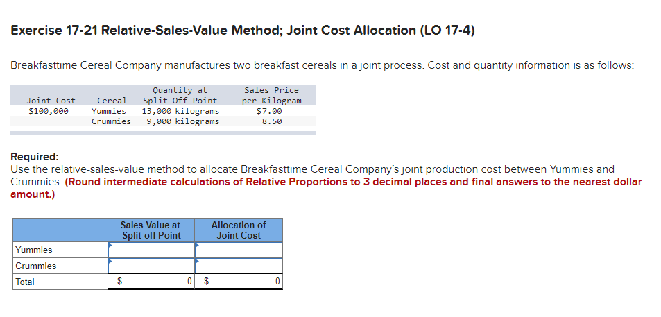 Solved Exercise 17-21 Relative-Sales-Value Method; Joint | Chegg.com
