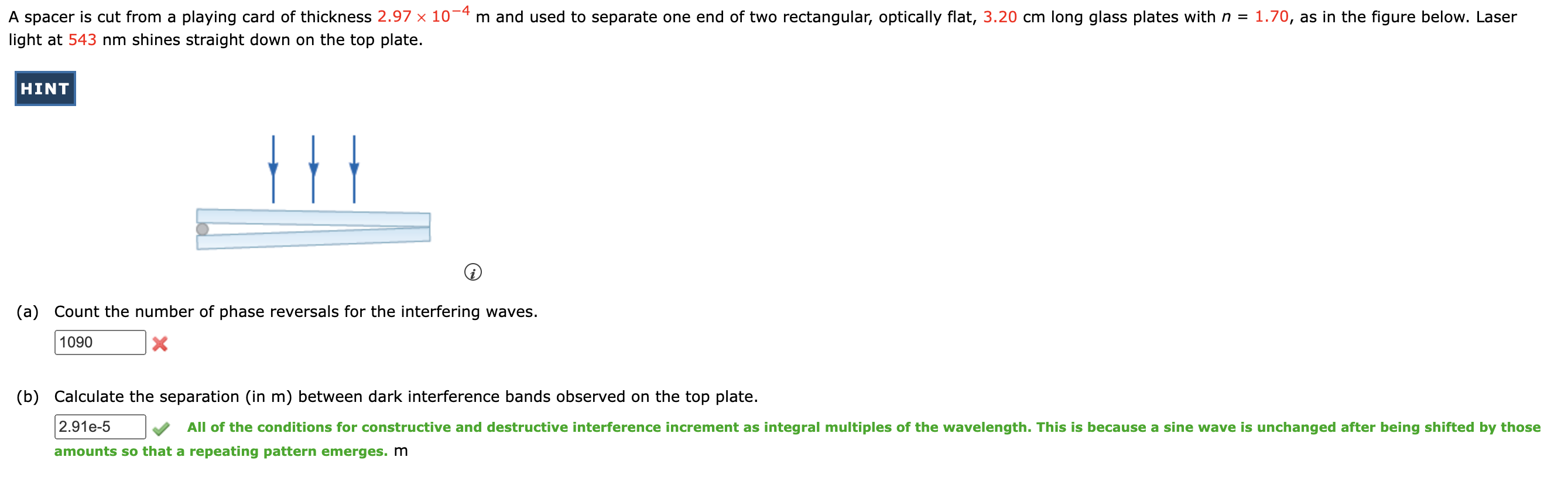 Solved light at 543 nm shines straight down on the top | Chegg.com