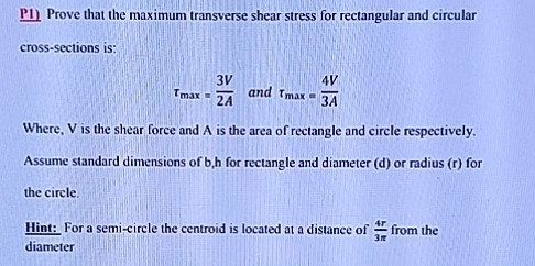 Solved PI) Prove that the maximum transverse shear stress | Chegg.com