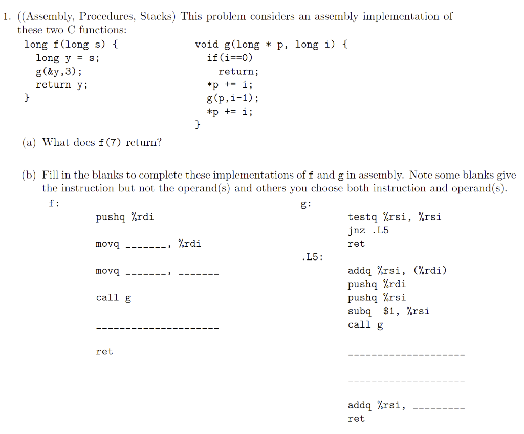 Solved 1. ((Assembly, Procedures, Stacks) This problem | Chegg.com