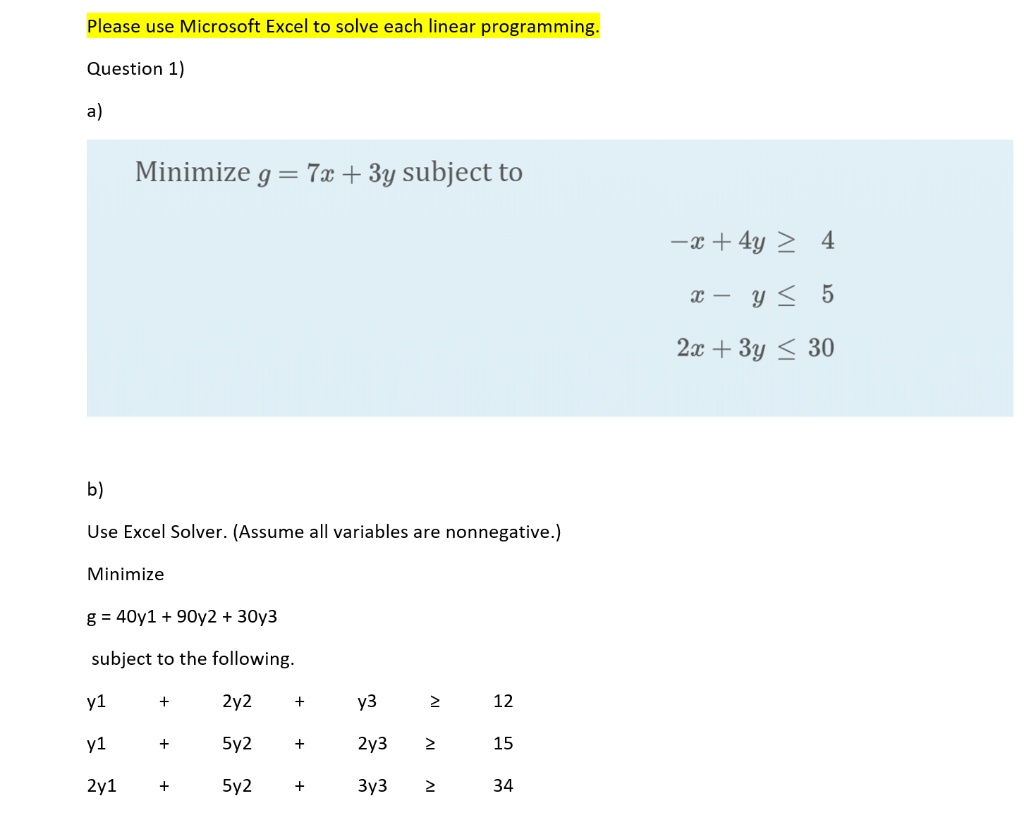 Solved Please use Microsoft Excel to solve each linear | Chegg.com