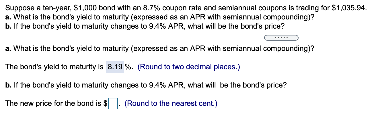 Solved If The Bond s Yield To Maturity Changes To 9 4 Chegg