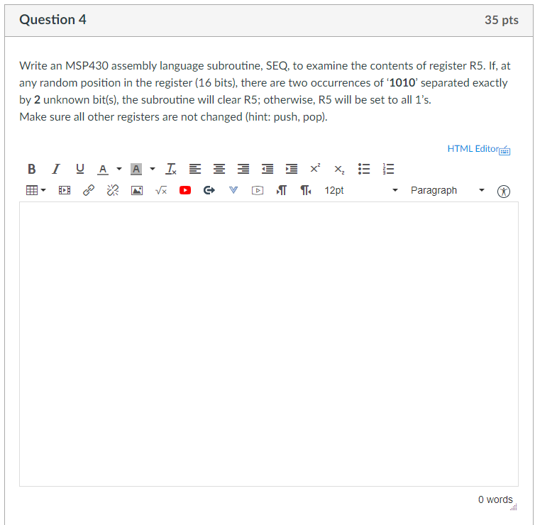 Solved Question 4 35 Pts Write An Msp430 Assembly Language 