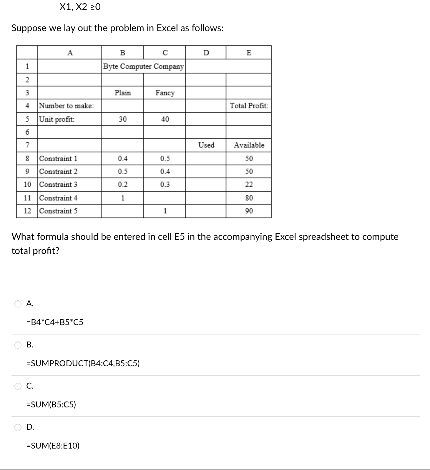 Solved X1,X2≥0 Suppose we lay out the problem in Excel as | Chegg.com