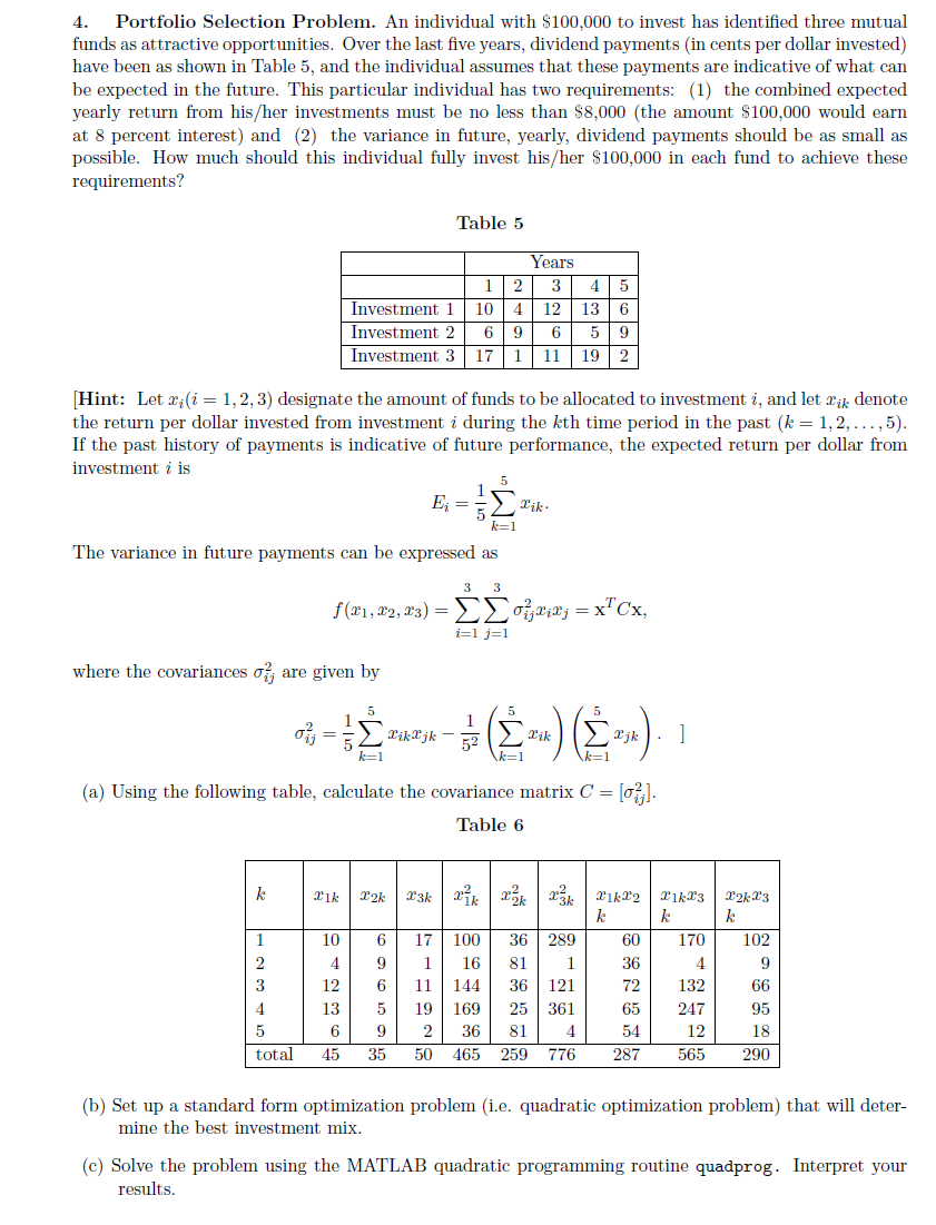 4. Portfolio Selection Problem. An individual with | Chegg.com