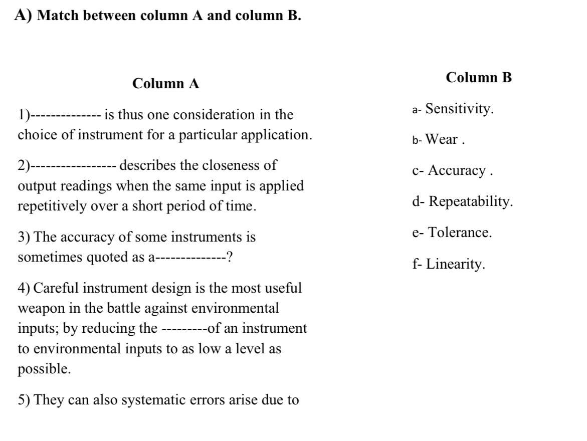 Solved A) Match between column A and column B. Column A | Chegg.com