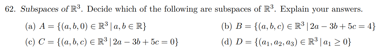 Solved 62. Subspaces of R3. Decide which of the following | Chegg.com