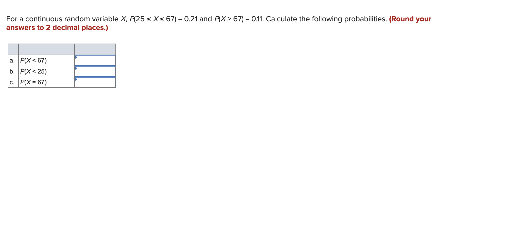 Solved For a continuous random variable X,P(25≤X≤67)=0.21 | Chegg.com