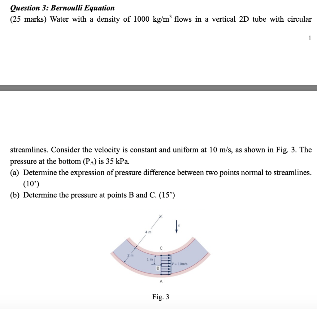 Solved Question 3: Bernoulli Equation (25 marks) Water with | Chegg.com