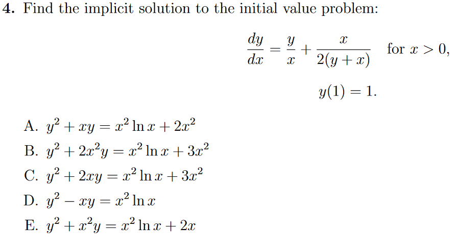 Solved 4. Find the implicit solution to the initial value | Chegg.com