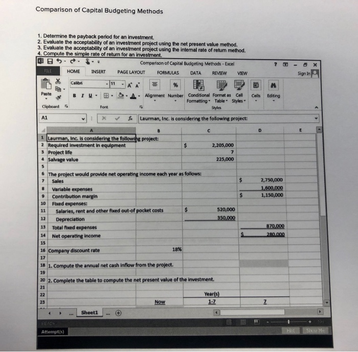Solved Comparison of Capital Budgeting Methods 1. Determine | Chegg.com