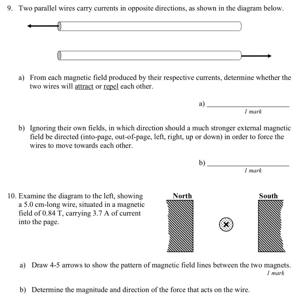Solved 9. Two parallel wires carry currents in opposite | Chegg.com