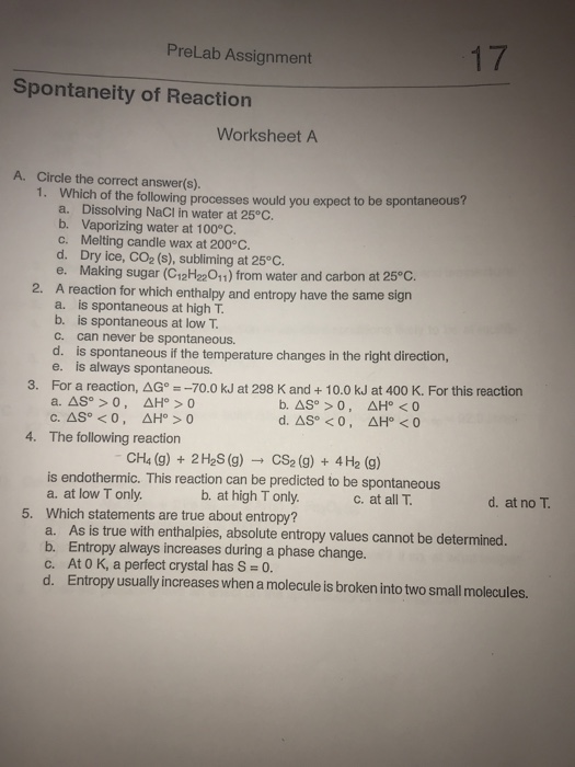 Solved PreLab Assignment 17 Spontaneity of Reaction | Chegg.com