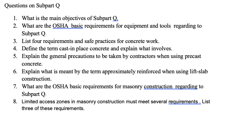 Solved Questions on Subpart Q 1. What is the main objectives | Chegg.com