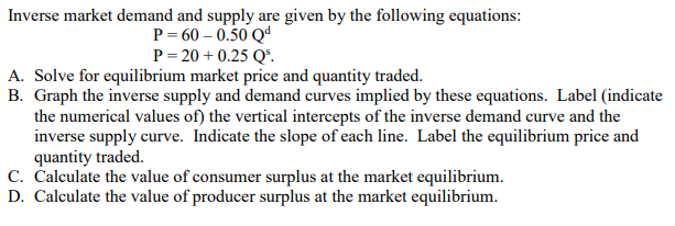 Solved Inverse market demand and supply are given by the | Chegg.com