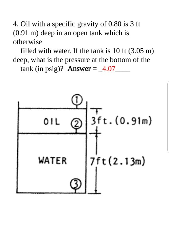 Solved 4. Oil with a specific gravity of 0.80 is 3 ft (0.91 | Chegg.com