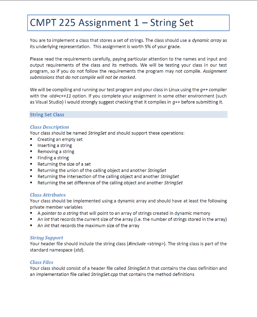 C++ only, Please have a StringSet.h and .cpp file. | Chegg.com